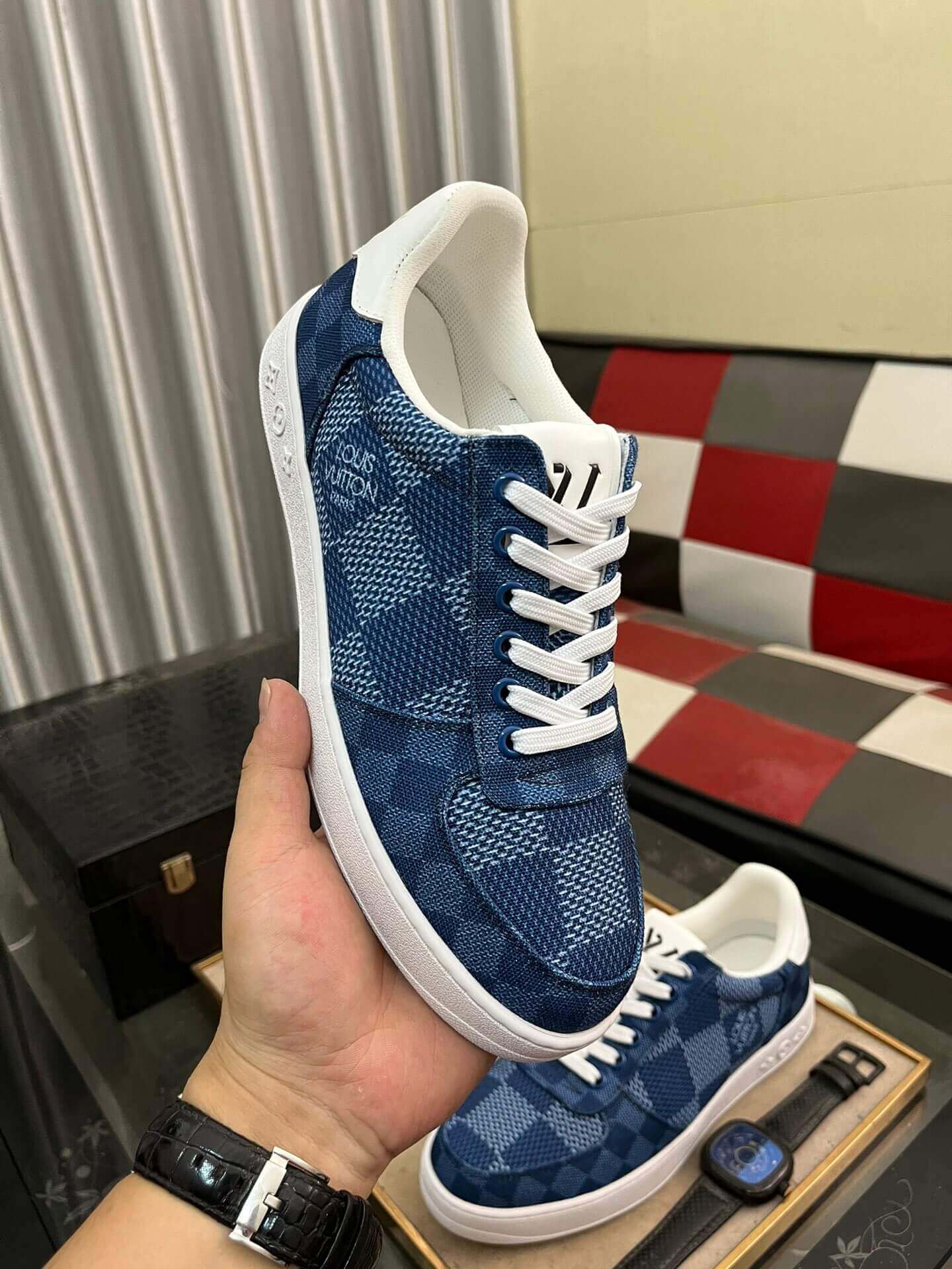 Louis Vuitton LV Custom Damier Blue Rivoli Sneaker - Hollo