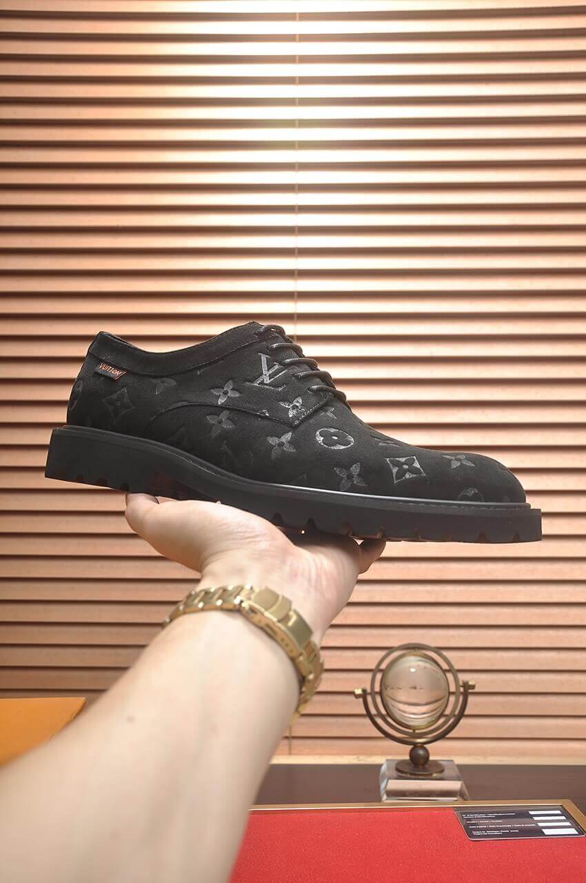 Louis Vuitton LV Monogram Suede Leather Custom Black Derby Shoes - Hollo