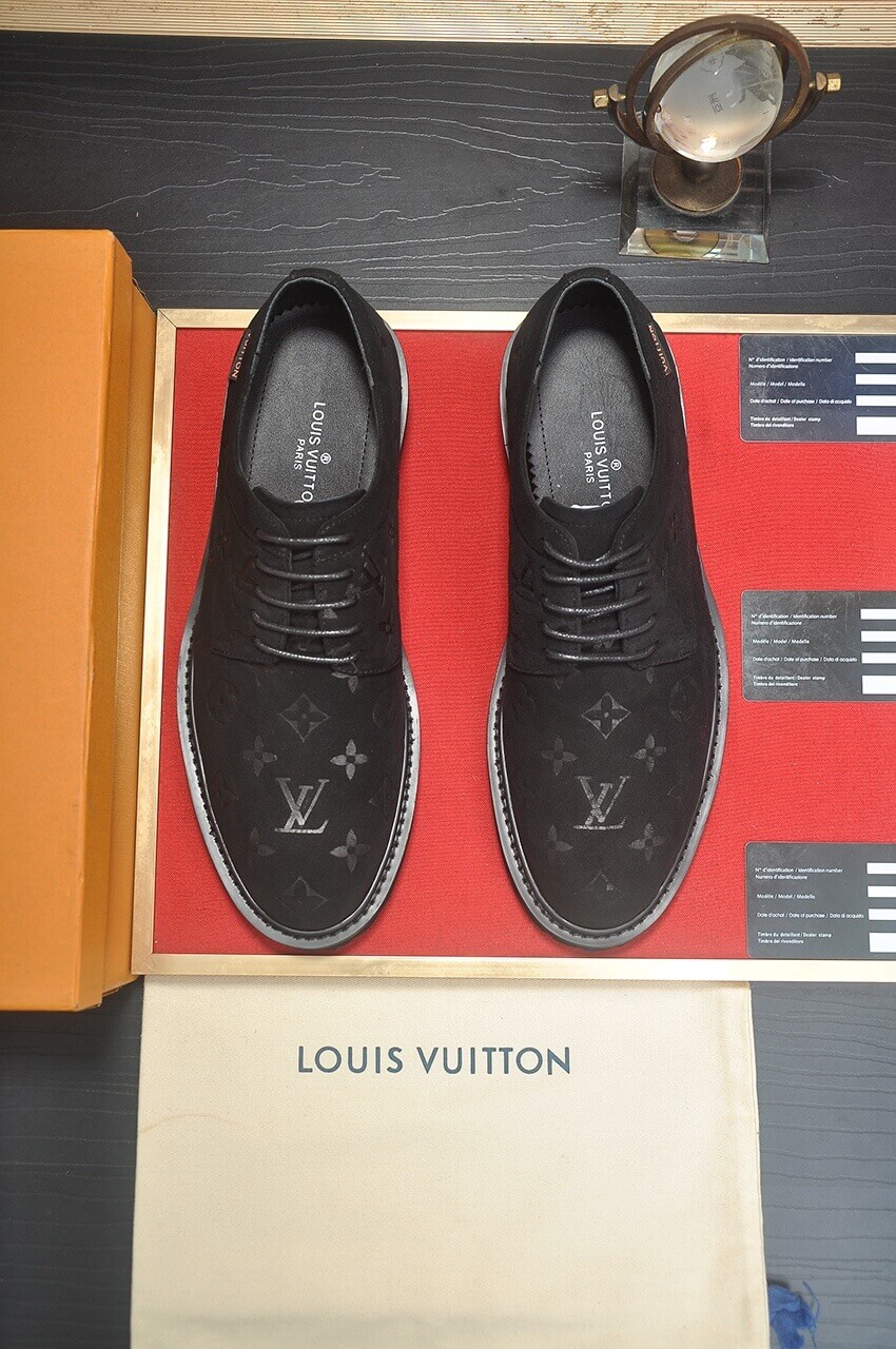 Louis Vuitton LV Monogram Suede Leather Custom Black Derby Shoes - Hollo