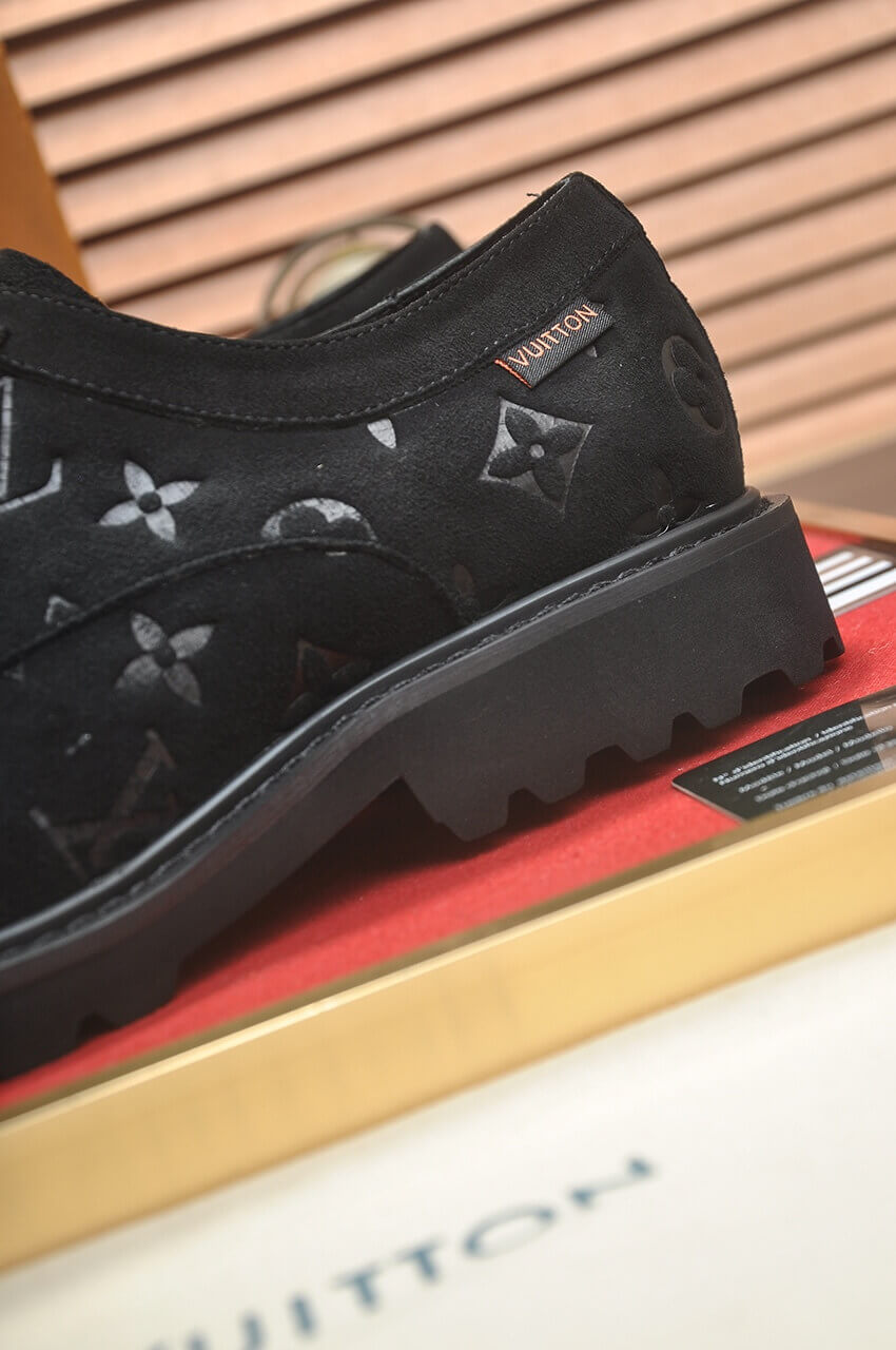 Louis Vuitton LV Monogram Suede Leather Custom Black Derby Shoes - Hollo