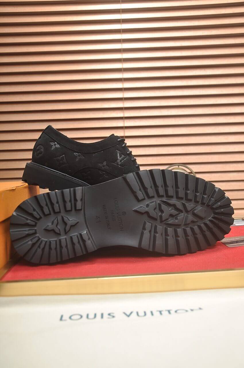 Louis Vuitton LV Monogram Suede Leather Custom Black Derby Shoes - Hollo