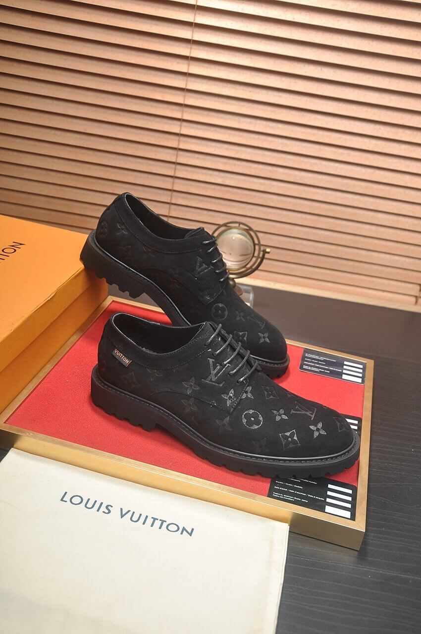 Louis Vuitton LV Monogram Suede Leather Custom Black Derby Shoes - Hollo