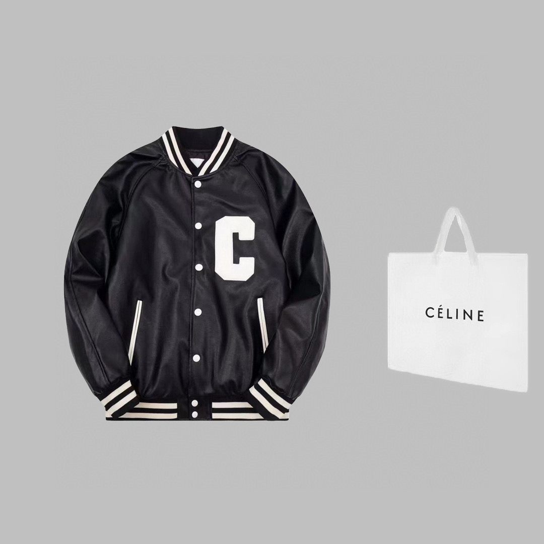 Celine Black Leather Varsity Jacket - Hollo