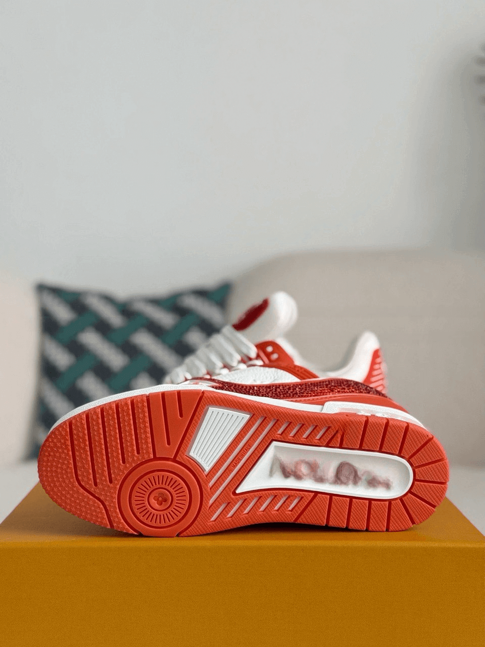 Louis Vuitton LV Trainer Red White Crystal Embellished Sneaker - Hollo