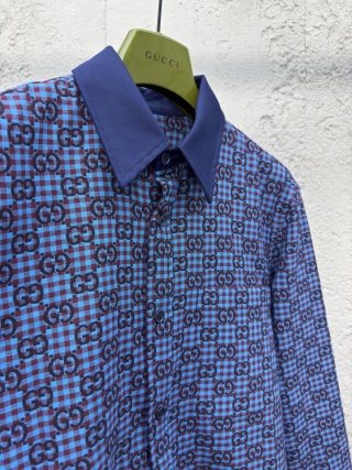 Gucci GG Canvas Light Blue & Bordeaux Vichy Cotton Wool Jacquard Shirt ...